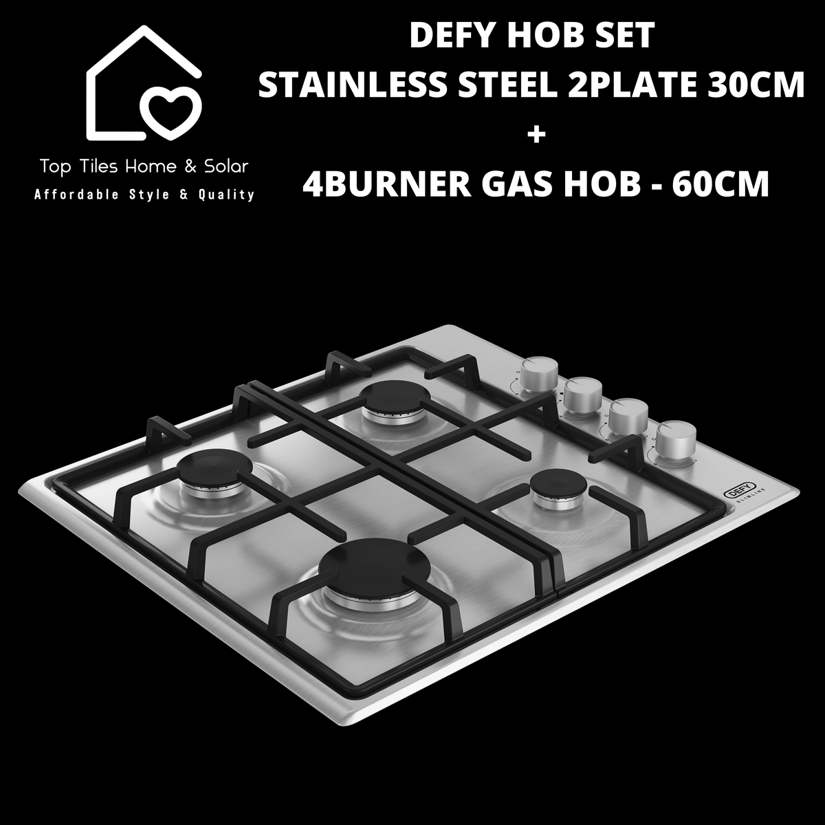Defy Hob Set - Stainless Steel 2Plate Solid 30cm + 4Burner Gas Hob - 6 ...
