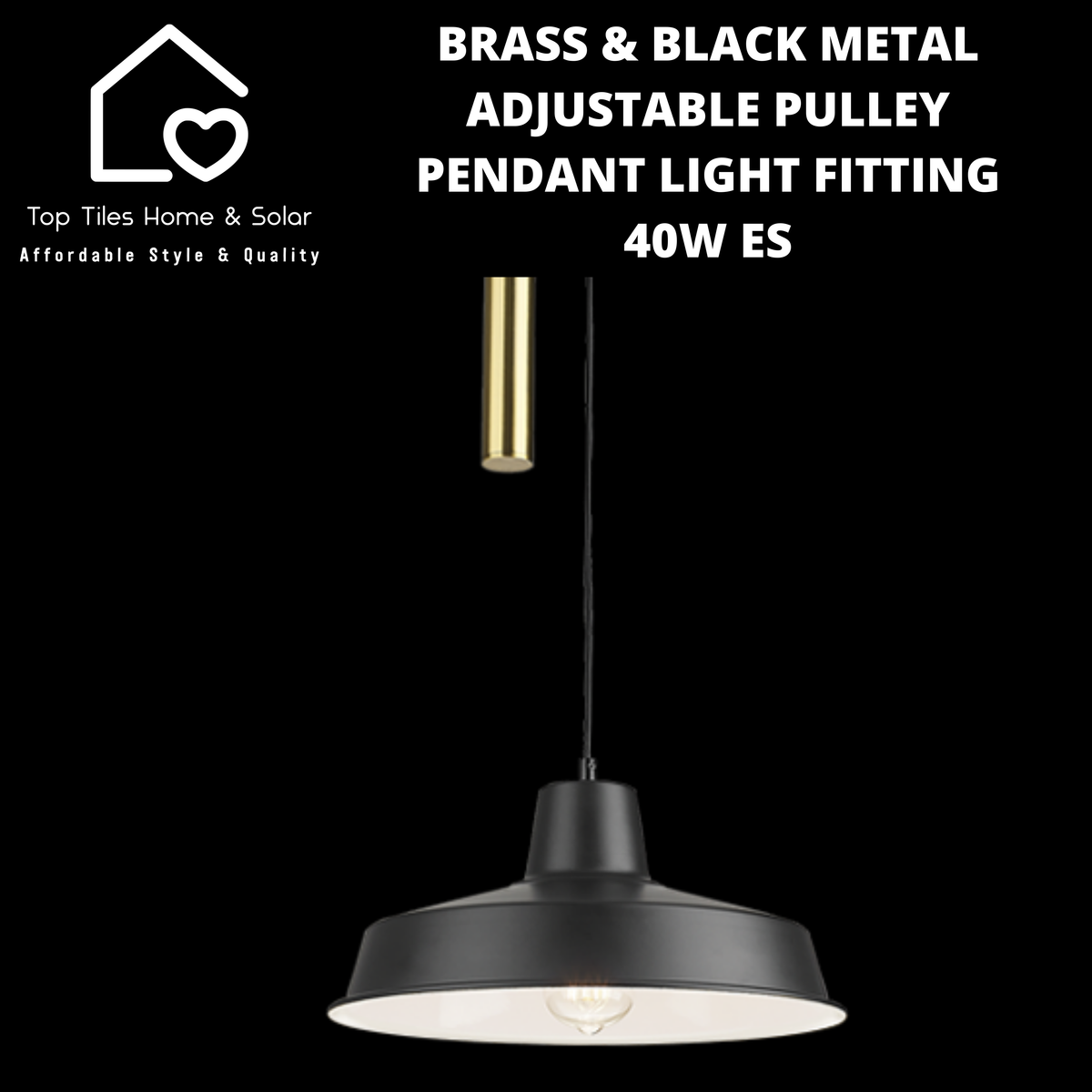 Brass & Black Metal Adjustable Pulley Pendant Light Fitting - 40W ES ...