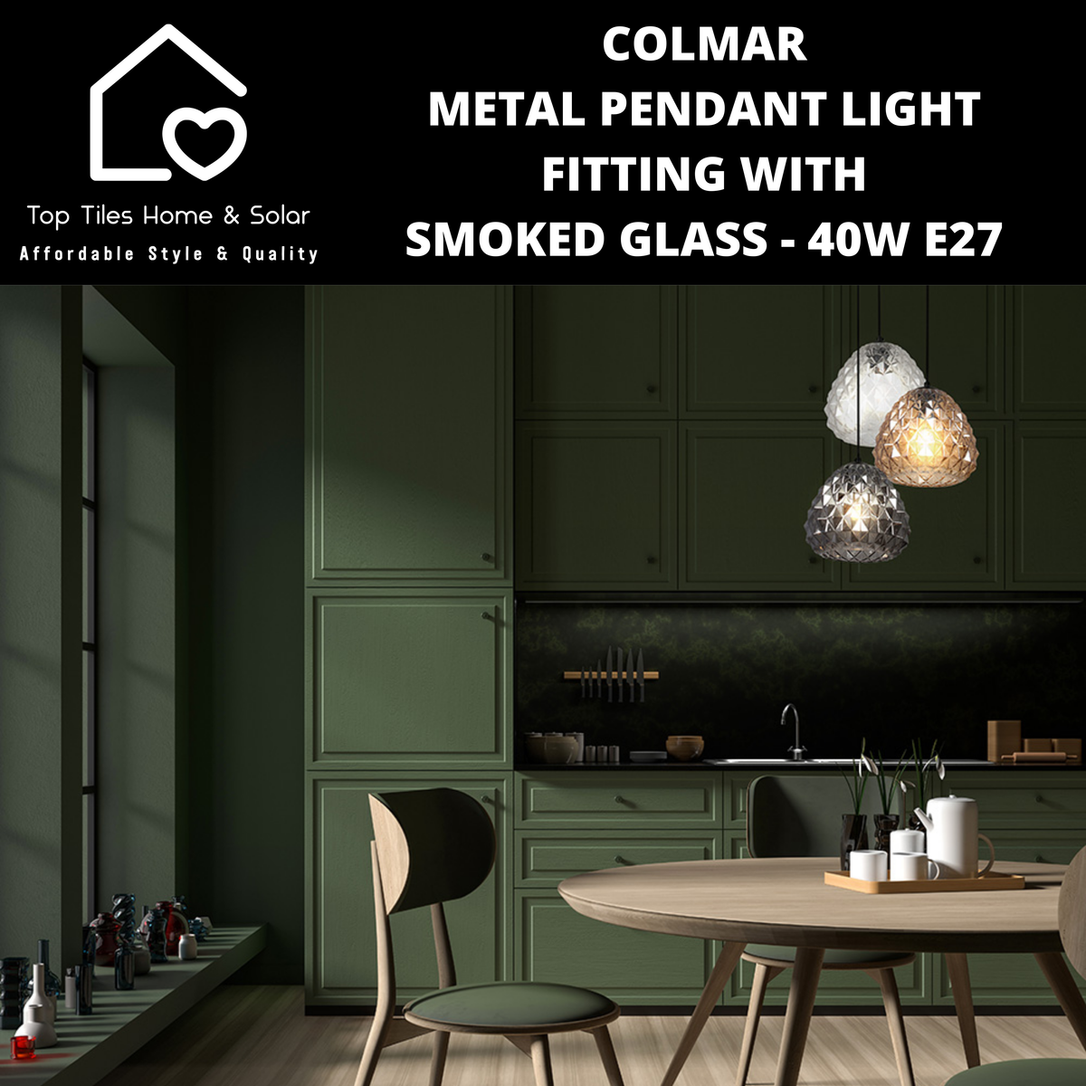 Colmar Metal Pendant Light Fitting with Smoked Glass - 40W E27 – Top ...