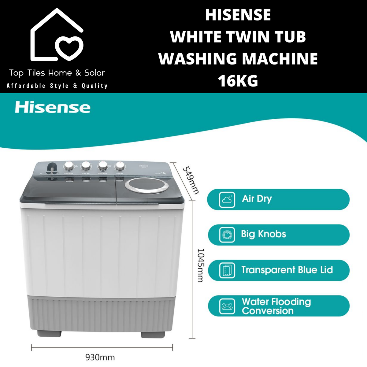 Hisense White Twin Tub Washing Machine - 16kg – Top Tiles Home & Solar