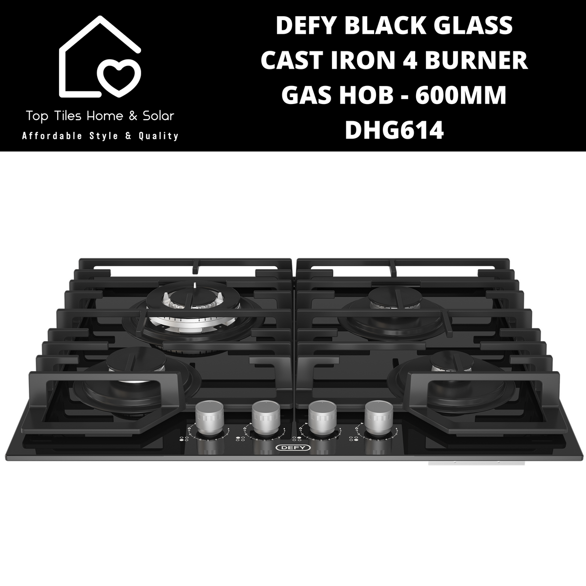 Defy Black Glass Cast Iron 4 Burner Gas Hob - 60cm DHG614 – Top Tiles ...