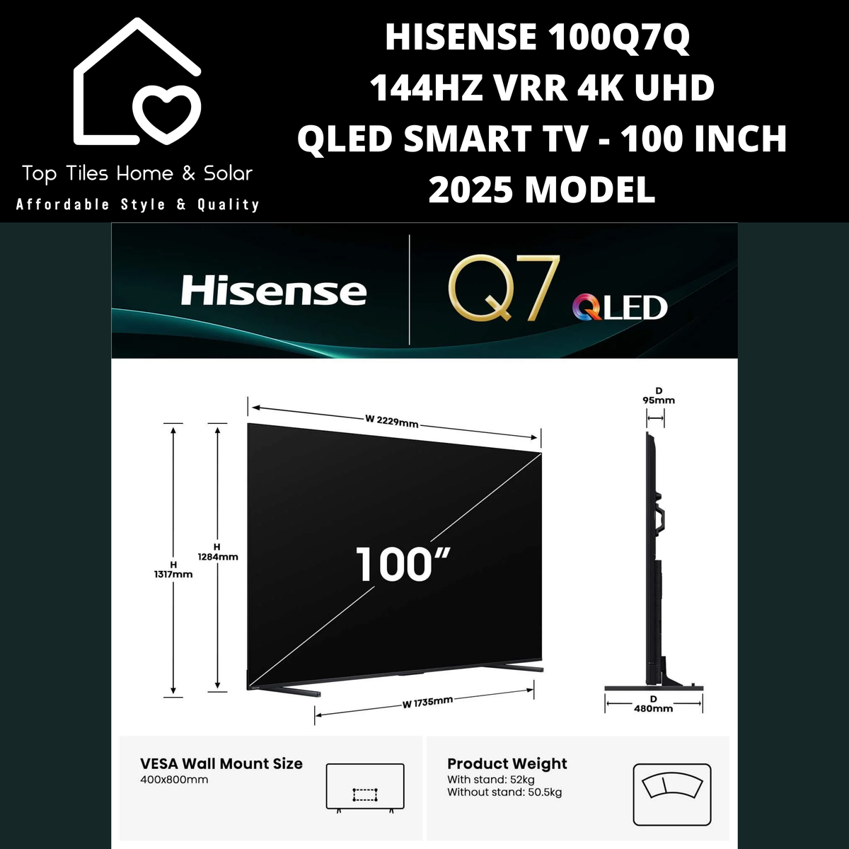 Hisense 100Q7Q 144Hz VRR 4K UHD QLED Smart TV - 100 Inch 2025 Model ...