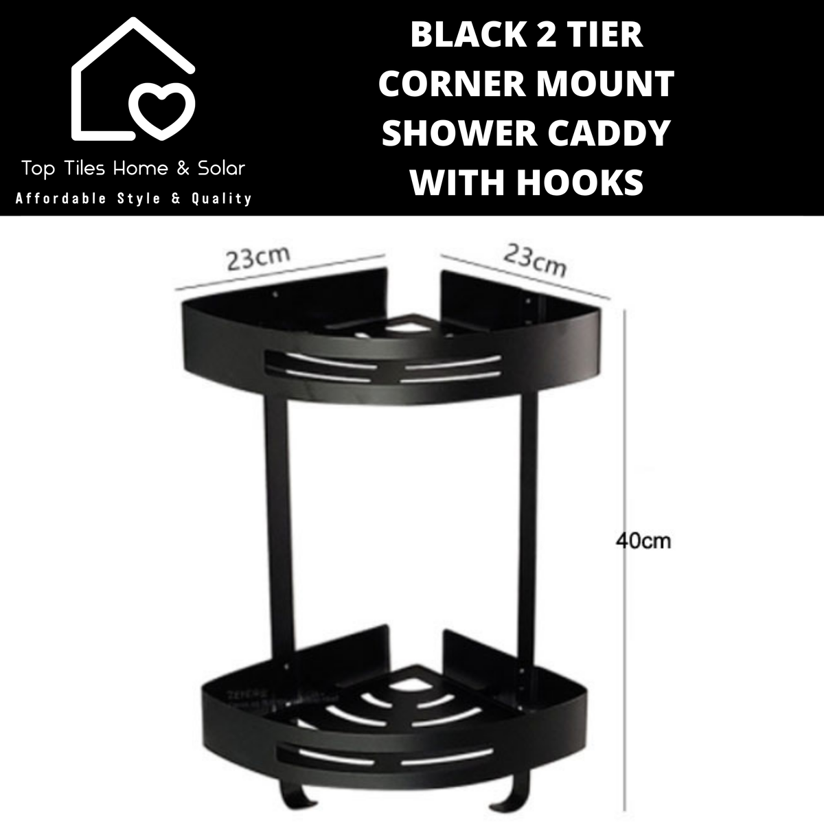 Black 2 Tier Corner Mount Shower Caddy with Hooks – Top Tiles Home & Solar