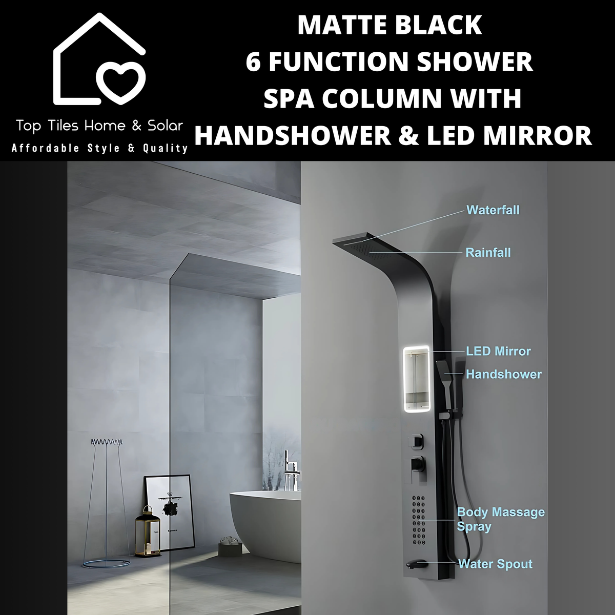 Matte Black 6 Function Shower Spa Column with Handshower & LED Mirror ...