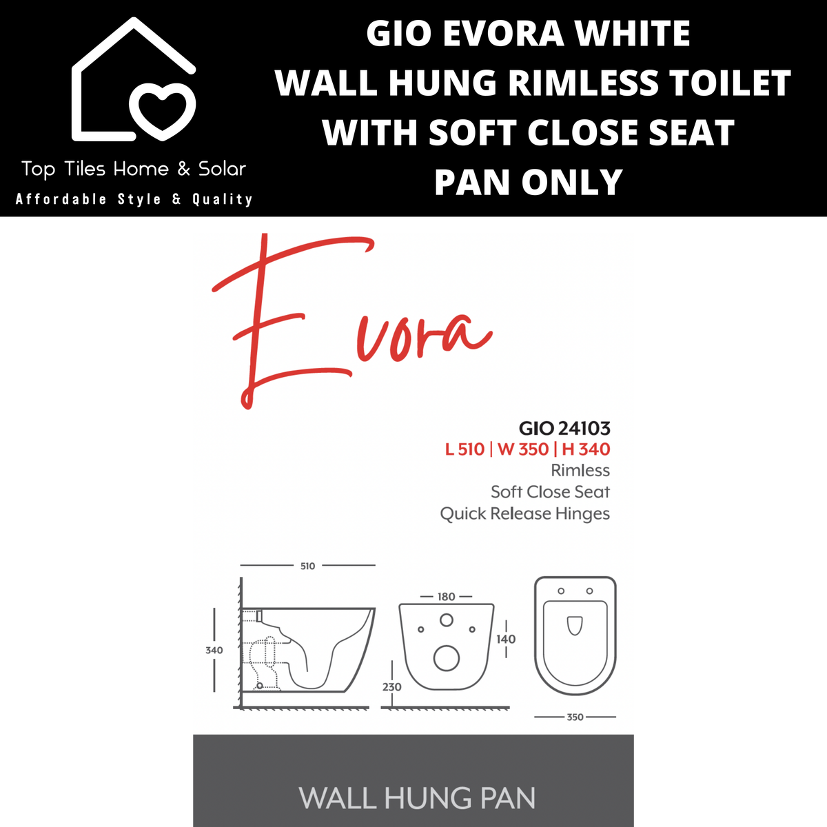 Gio Evora White Wall Hung Rimless Toilet with Soft Close Seat - Pan On ...