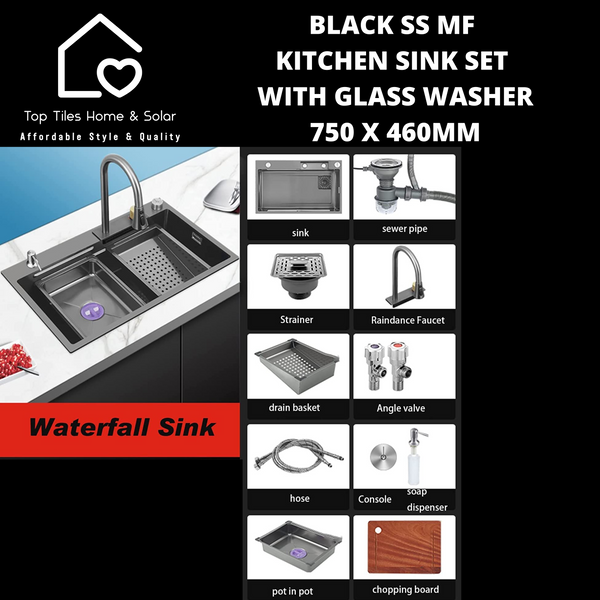 Black SS MF Kitchen Sink Set Glass Cleaner - 750 x 460mm – Top Tiles Home & Solar