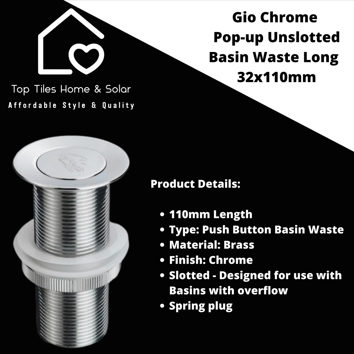 Gio Chrome Pop-up Unslotted Basin Waste Long - 32x110mm – Top Tiles ...