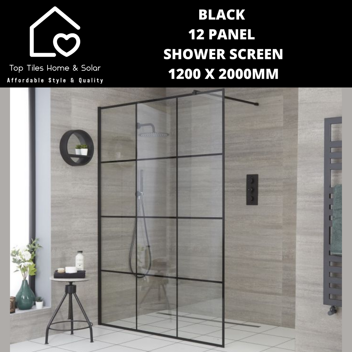 Black 12 Panel Shower Screen - 1200 x 2000mm – Top Tiles Home & Solar