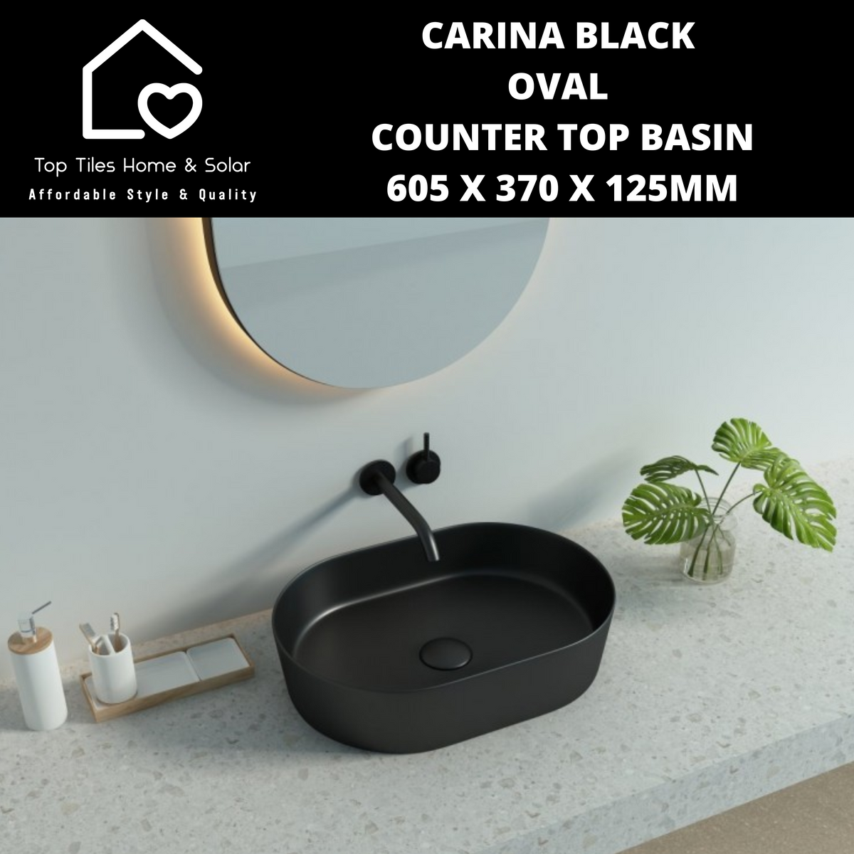 Carina Black Oval Counter Top Basin - 605 x 370 x 125mm – Top Tiles ...