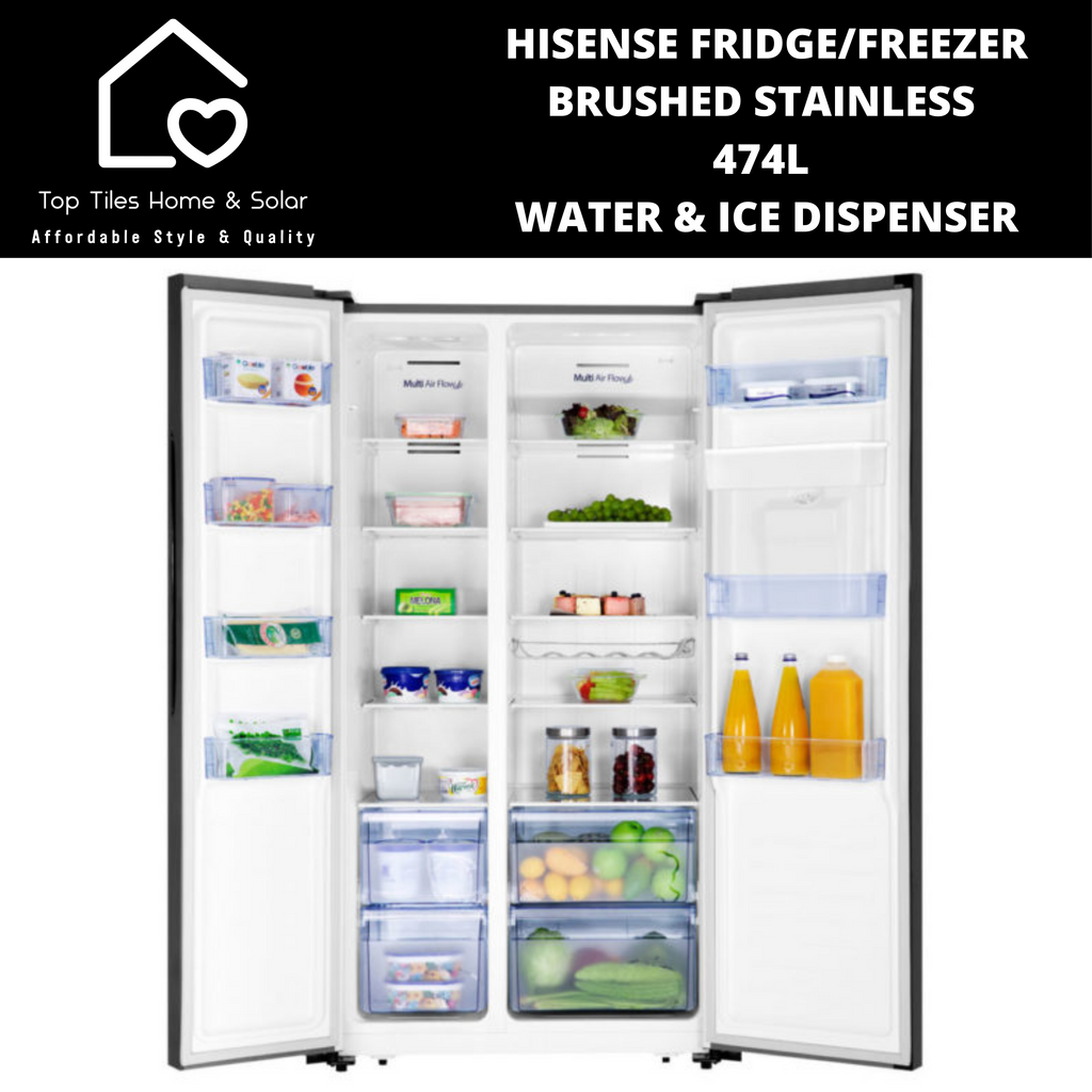 Hisense Brushed Stainless Fridge - 474L Water & Ice Dispenser – Top ...