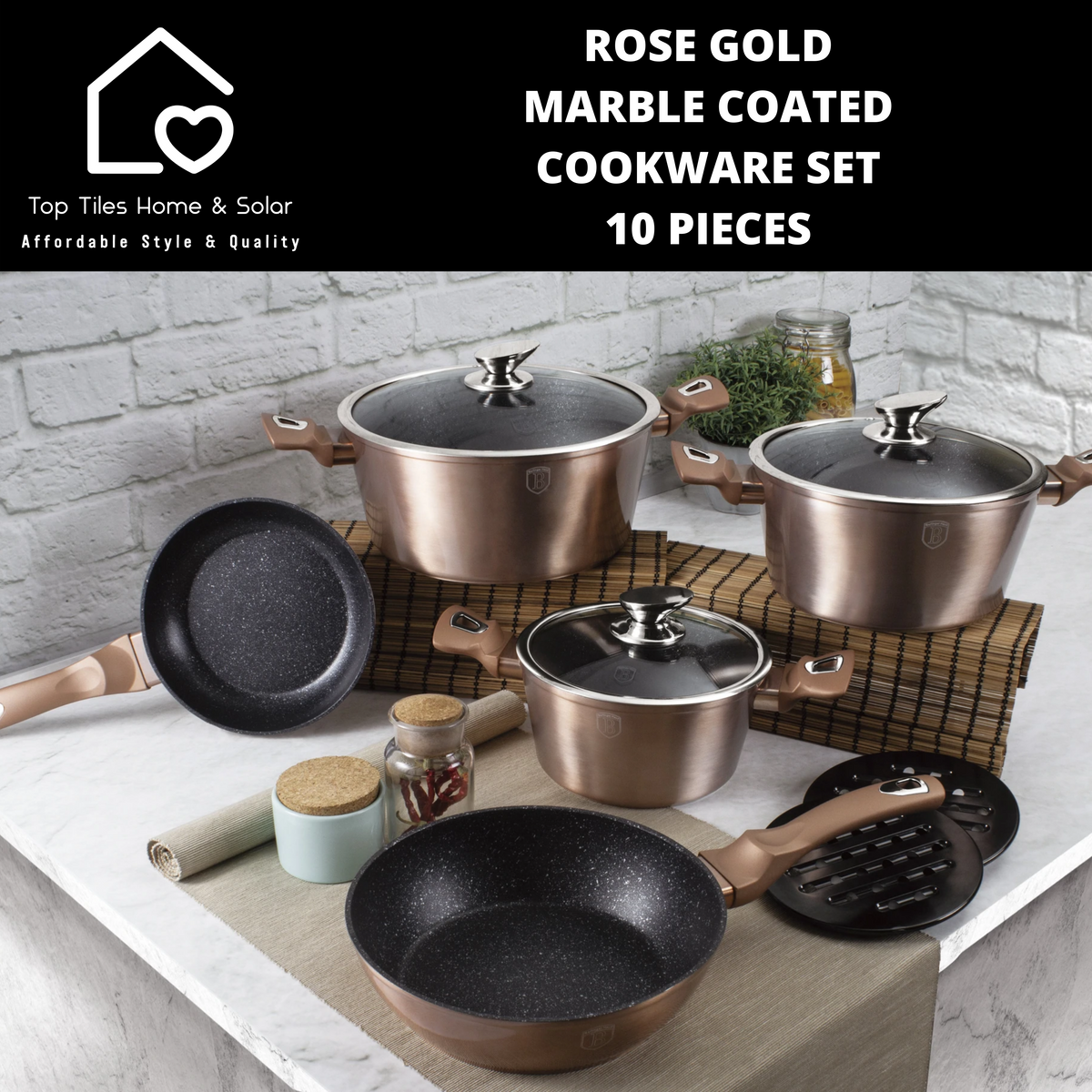Rose Gold Marble Coated Cookware Set - 10 Pieces – Top Tiles Home & Solar
