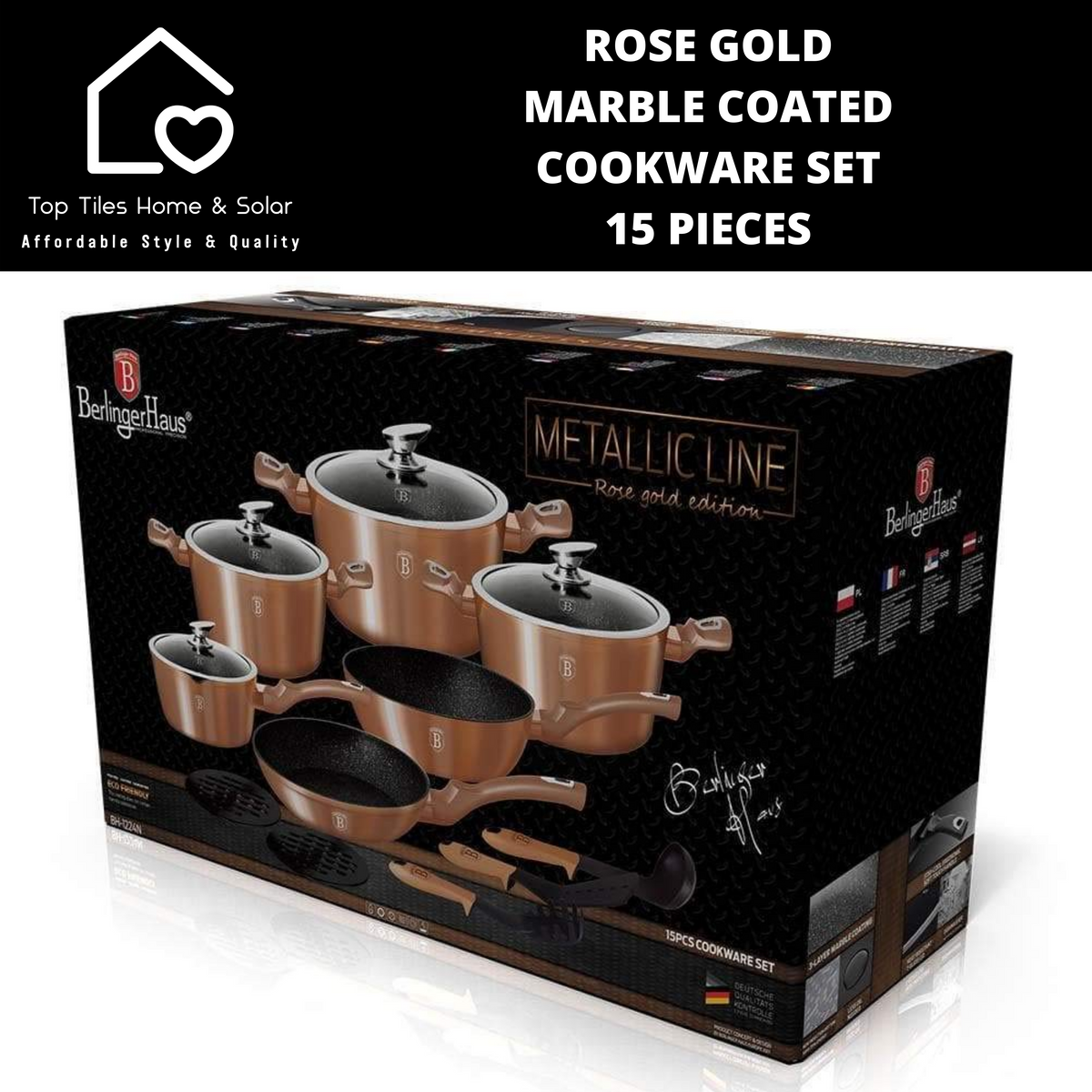 Rose Gold Marble Coated Cookware Set - 15 Pieces – Top Tiles Home & Solar